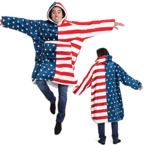 Jump Pocket Blanket Hoodie | Oversized Microfiber & Sherpa Wearable Blankets| Adult & Kids Size (Stars & Stripes)