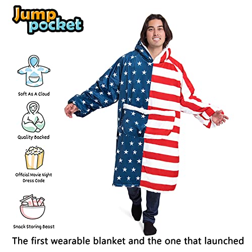 Jump Pocket Blanket Hoodie | Oversized Microfiber & Sherpa Wearable Blankets| Adult & Kids Size (Stars & Stripes)