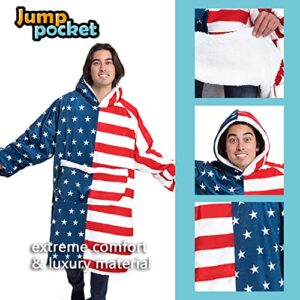 Jump Pocket Blanket Hoodie | Oversized Microfiber & Sherpa Wearable Blankets| Adult & Kids Size (Stars & Stripes)