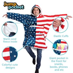 Jump Pocket Blanket Hoodie | Oversized Microfiber & Sherpa Wearable Blankets| Adult & Kids Size (Stars & Stripes)