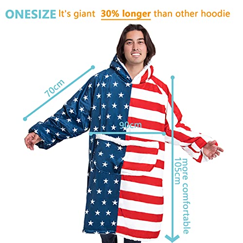 Jump Pocket Blanket Hoodie | Oversized Microfiber & Sherpa Wearable Blankets| Adult & Kids Size (Stars & Stripes)