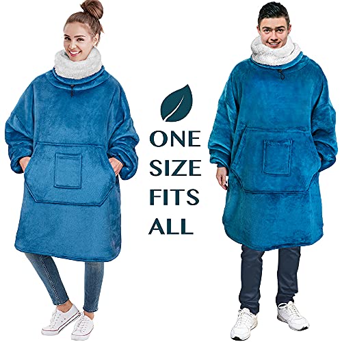 PAVILIA Wearable Blanket Hoodie with Neck Warmer, Plush Oversized Sweatshirt, Big Hooded Blanket Sweater with Giant Pocket, Super Soft Cozy Warm Gift for Women Men Adult (Sherpa Fleece, Teal Blue)