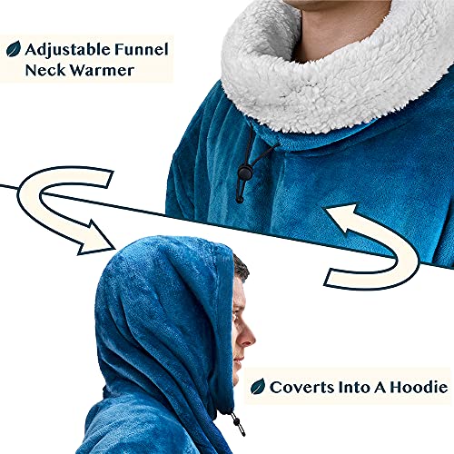 PAVILIA Wearable Blanket Hoodie with Neck Warmer, Plush Oversized Sweatshirt, Big Hooded Blanket Sweater with Giant Pocket, Super Soft Cozy Warm Gift for Women Men Adult (Sherpa Fleece, Teal Blue)