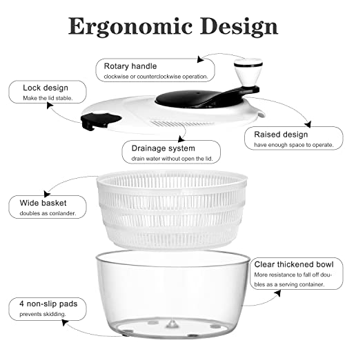 Ourokhome Salad Spinner Lettuce Dryer, Rotary Veggie Washer with Compact Bowl and Colander, Easy to Clean, Wash, Dry Vegetables, Fruits, Lettuce, Greens, Lockable Lid, 4L, White