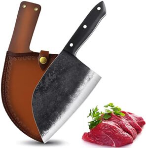 forging serbian chef knife kitchen chef knives full tang high carbon clad steel almasi butcher cleaver with leather sheath (b-almasi knife)