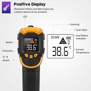 Infrared Thermometer Non-Contact Digital Laser Temperature Gun Color Display -58℉～1112℉(-50℃～600℃) Adjustable Emissivity - for Cooking/BBQ/Food/Fridge/Pizza Oven/Engine - Meat Thermometer Included