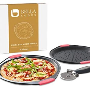 Bella Cooks Pizza Pan for Oven (Set of 2 Pizza Pans) 15″ Pizza Pan with Holes - Non-Stick & Dishwasher Safe - Pizza Tray for Oven - Incl. Pizza Cu