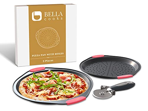 Bella Cooks Pizza Pan for Oven (Set of 2 Pizza Pans) 15″ Pizza Pan with Holes - Non-Stick & Dishwasher Safe - Pizza Tray for Oven - Incl. Pizza Cu