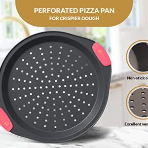 Bella Cooks Pizza Pan for Oven (Set of 2 Pizza Pans) 15″ Pizza Pan with Holes - Non-Stick & Dishwasher Safe - Pizza Tray for Oven - Incl. Pizza Cu