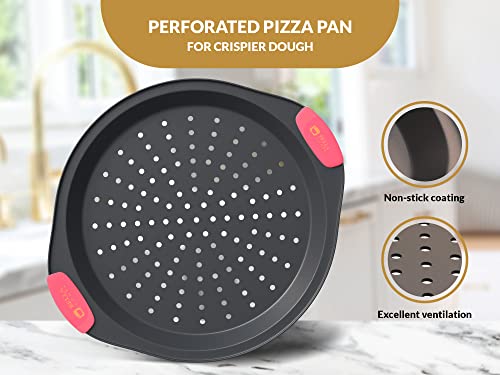 Bella Cooks Pizza Pan for Oven (Set of 2 Pizza Pans) 15″ Pizza Pan with Holes - Non-Stick & Dishwasher Safe - Pizza Tray for Oven - Incl. Pizza Cu