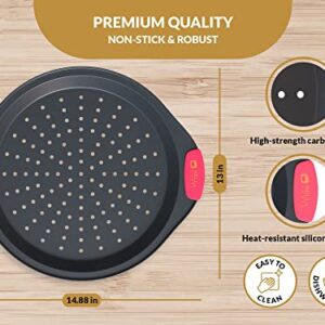 Bella Cooks Pizza Pan for Oven (Set of 2 Pizza Pans) 15″ Pizza Pan with Holes - Non-Stick & Dishwasher Safe - Pizza Tray for Oven - Incl. Pizza Cu