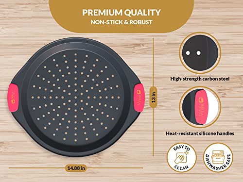 Bella Cooks Pizza Pan for Oven (Set of 2 Pizza Pans) 15″ Pizza Pan with Holes - Non-Stick & Dishwasher Safe - Pizza Tray for Oven - Incl. Pizza Cu