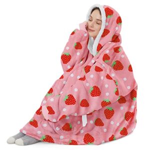 Zando Oversized Wearable Blanlet Hoodie Blankets Winter Blacnket Comfy Original Blanket Sweatshirt for Women Cozy Sherpa Blanket Pocket Blanket Christmas Gifts Strawberry Adult