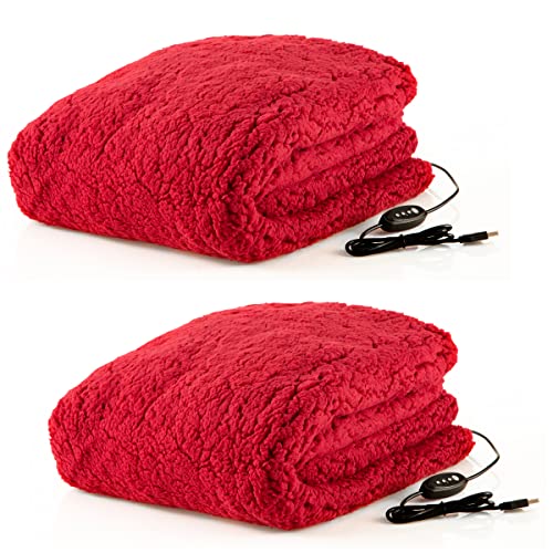 Stalwart Heated Blanket 2-Pack - USB-Powered Sherpa Throw Blankets for Travel, Home, Office, or Camping - Winter Car Accessories (Red Wine)