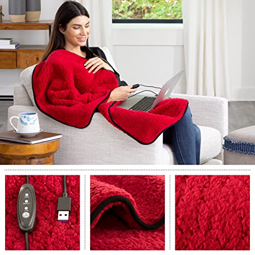 Stalwart Heated Blanket 2-Pack - USB-Powered Sherpa Throw Blankets for Travel, Home, Office, or Camping - Winter Car Accessories (Red Wine)