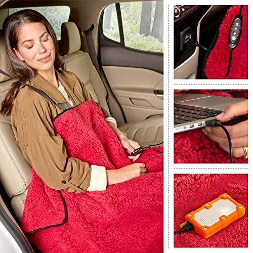 Stalwart Heated Blanket 2-Pack - USB-Powered Sherpa Throw Blankets for Travel, Home, Office, or Camping - Winter Car Accessories (Red Wine)