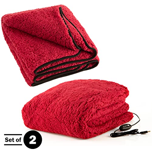 Stalwart Heated Blanket 2-Pack - USB-Powered Sherpa Throw Blankets for Travel, Home, Office, or Camping - Winter Car Accessories (Red Wine)