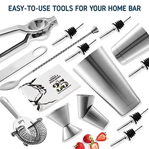 Bar Set Cocktail Shaker Set, Stainless Steel Mixology Bartender Kit, 16 Piece Cocktail Kit, Silver Cocktail Set, Bar Tools: 30oz Martini Shaker, Muddler, Bar Kit Cocktail Book, Jigger and Pourers