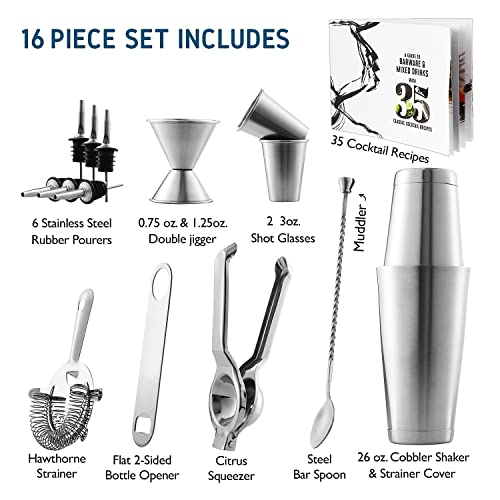 Bar Set Cocktail Shaker Set, Stainless Steel Mixology Bartender Kit, 16 Piece Cocktail Kit, Silver Cocktail Set, Bar Tools: 30oz Martini Shaker, Muddler, Bar Kit Cocktail Book, Jigger and Pourers