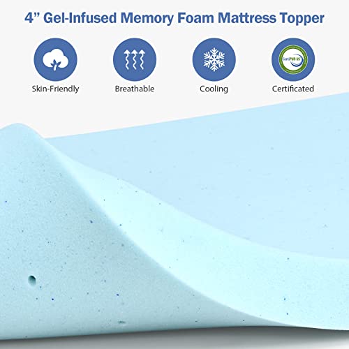 NAFORT 4 Inch Memory Foam Mattress Topper, Ventilated Cooling Gel Infused Bed Foam Topper, Pressure Relieving Bed Pad for Back Pain, Cooling & Breathable, CertiPUR-US Certified - Queen Size