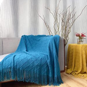 txdyb 1 pcs 50"x60" blue argyle design soft warm boho knitted throw blanket with tassels for women, men and kids. suitable for travel camping office hotel,decoration for bed, sofa and room