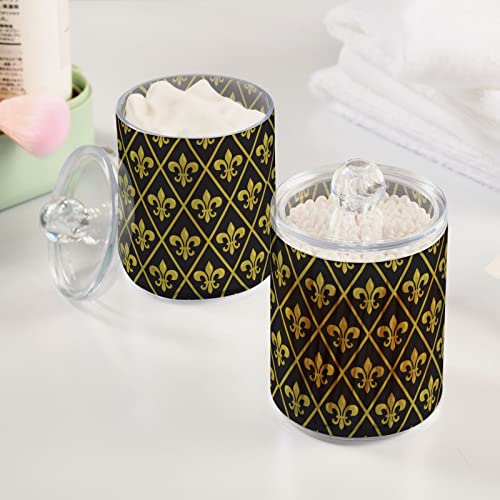 Mardi Gras Carnival 4 Pcs Qtip Holder Gold Fleur-de-lis Organizer Dispenser Storage Canister Plastic Apothecary Jars Bathroom Vanity for Cotton Swab Ball Pads Floss