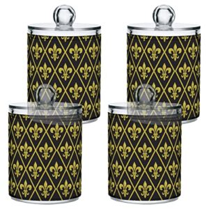 Mardi Gras Carnival 4 Pcs Qtip Holder Gold Fleur-de-lis Organizer Dispenser Storage Canister Plastic Apothecary Jars Bathroom Vanity for Cotton Swab Ball Pads Floss