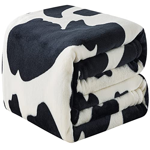 Fleece Cow Print Blanket - Premium Lightweight Anti-Static Bed Cow Throws Soft Cozy Warm Blankets Plush Gift Bedroom Decor 90" x 90"(Black Cow Queen)