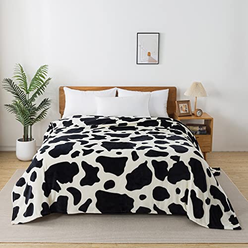 Fleece Cow Print Blanket - Premium Lightweight Anti-Static Bed Cow Throws Soft Cozy Warm Blankets Plush Gift Bedroom Decor 90" x 90"(Black Cow Queen)