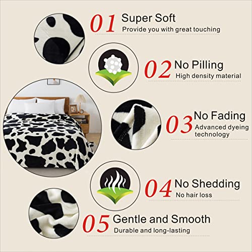 Fleece Cow Print Blanket - Premium Lightweight Anti-Static Bed Cow Throws Soft Cozy Warm Blankets Plush Gift Bedroom Decor 90" x 90"(Black Cow Queen)