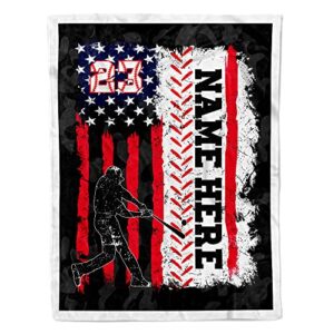 teeman personalized baseball blanket for boy, american flag throw blanket, custom name number baseball gifts for boys 8-12, gift for sport baseball player and lover on birthday, baseball season