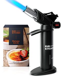 eurkitchen premium culinary butane torch with gauge, safety lock, adjustable flame, guard- refillable cooking torch lighter for creme brulee, bbq, baking, soldering, crafts- butane gas not included