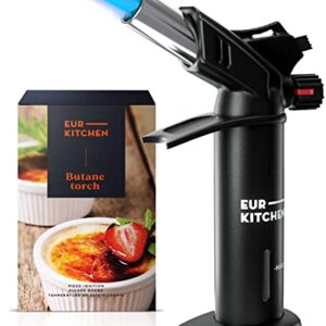 EurKitchen Premium Culinary Butane Torch with Gauge, Safety Lock, Adjustable Flame, Guard- Refillable Cooking Torch Lighter for Creme Brulee, BBQ, Baking, Soldering, Crafts- Butane Gas Not Included