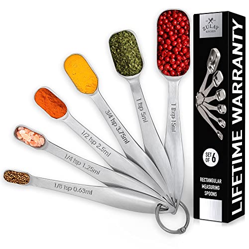 Zulay Measuring Spoons Set - 6 Piece Stainless Steel Measuring Spoons - Easy to Read, Etched Markings & Slim Design for Narrow Spice Jars - Heavy Duty Tablespoon Measure Spoon with Removable Clasp