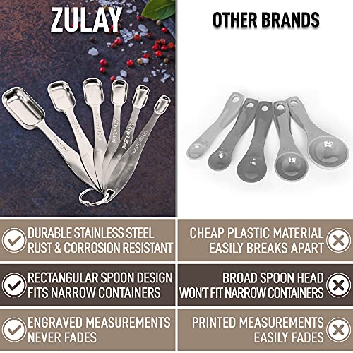 Zulay Measuring Spoons Set - 6 Piece Stainless Steel Measuring Spoons - Easy to Read, Etched Markings & Slim Design for Narrow Spice Jars - Heavy Duty Tablespoon Measure Spoon with Removable Clasp