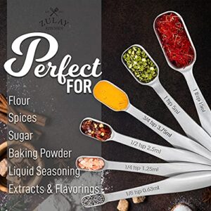 Zulay Measuring Spoons Set - 6 Piece Stainless Steel Measuring Spoons - Easy to Read, Etched Markings & Slim Design for Narrow Spice Jars - Heavy Duty Tablespoon Measure Spoon with Removable Clasp