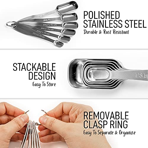 Zulay Measuring Spoons Set - 6 Piece Stainless Steel Measuring Spoons - Easy to Read, Etched Markings & Slim Design for Narrow Spice Jars - Heavy Duty Tablespoon Measure Spoon with Removable Clasp