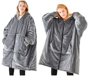 shellconch oversized wearable blanket hoodie.sherpa sweatshirt blanket has hats, zippers suitable men and women as gifts (grey)