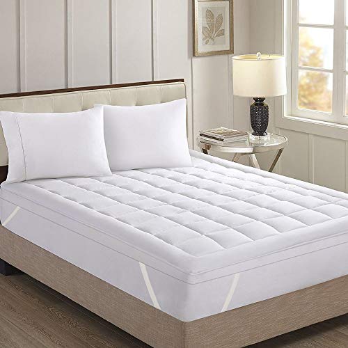 Sweet Home Collection Fiber Mattress Topper Hypoallergenic Polyester Down Alternative Soft and Comfortable Cover with Anchor Bands, King, White