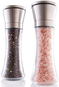 gorgeous salt and pepper grinder set - refillable stainless steel combo shakers with adjustable coarse mills - enjoy your favorite spices, fresh ground pepper, himalayan or sea salts