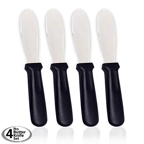 AnapoliZ Butter Spreader Knives | 4 PCS Wide Blade Stainless Steel Spreader Knife | Black Plastic Handle Spreading Knives | Sandwich Condiment Spreader | Bread Knives Set of 4 | Soft Cheese Spreader