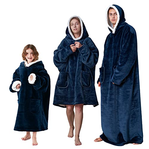 EHEYCIGA Wearable Blanket Hoodie for Adults, Hoodie Blanket with Pockets and Sleeves Sweatshirt Blanket for Men and Women - Navy Regular Oversize