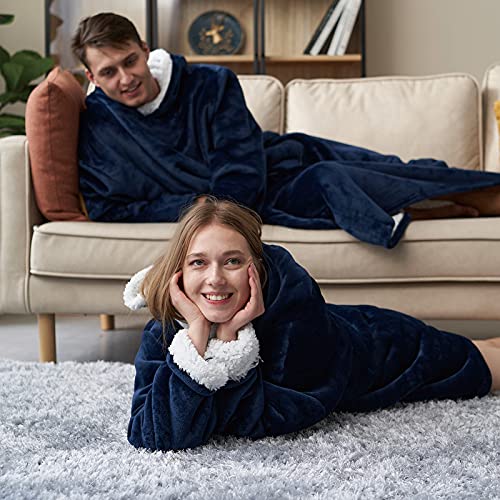 EHEYCIGA Wearable Blanket Hoodie for Adults, Hoodie Blanket with Pockets and Sleeves Sweatshirt Blanket for Men and Women - Navy Regular Oversize