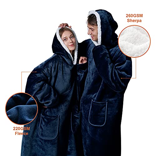 EHEYCIGA Wearable Blanket Hoodie for Adults, Hoodie Blanket with Pockets and Sleeves Sweatshirt Blanket for Men and Women - Navy Regular Oversize