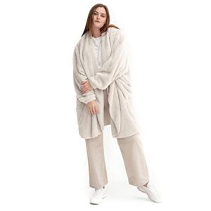 unhide shleepy faux fur robe - lightweight, extra soft, & warm wearable blanket - made from soft polyester faux fur material - machine washable - beige bear - plus size