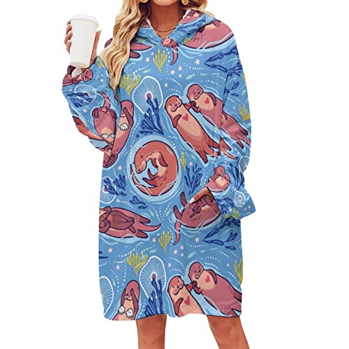 WLBKFID Cute Otters Blanket Hoodie for Women, Funny Animals Adults Comfortable Long Oversized Wearable Blanket with Large Pocket Soft Warm Hooded Blanket Sweatshirt