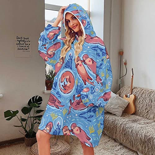 WLBKFID Cute Otters Blanket Hoodie for Women, Funny Animals Adults Comfortable Long Oversized Wearable Blanket with Large Pocket Soft Warm Hooded Blanket Sweatshirt