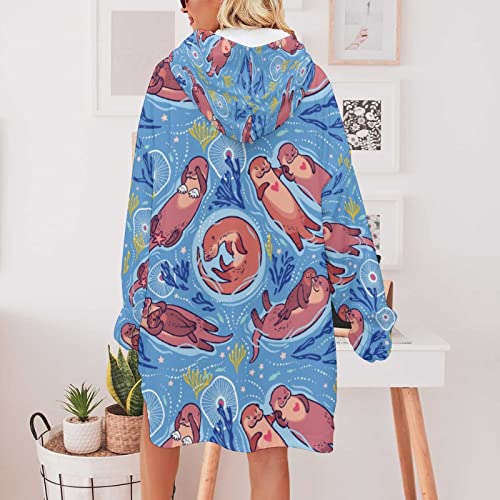 WLBKFID Cute Otters Blanket Hoodie for Women, Funny Animals Adults Comfortable Long Oversized Wearable Blanket with Large Pocket Soft Warm Hooded Blanket Sweatshirt