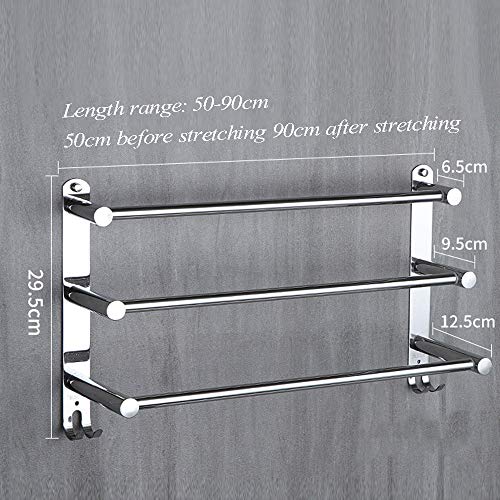 Bathroom Storage Bathroom Accessory 3 Tier Hanging Towel Rails Wall Mountable, SUS304 Stainless Steel Retractable 50-90cm Towel Rack Drill Free Towel Storage Rail for Bathroom and Kitchen