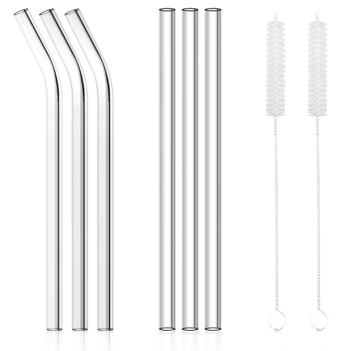 AKONEGE 6 Pack Glass Straw Reusable Clear Drinking Straws, 8.5'' x 10mm, 3 Straight and 3 Bent Glass Straws with 2 Cleaning Brush for Cold/Hot Drinks, Cocktail, Smoothies, Coffee, Juice